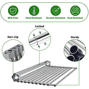 Sindax Roll Up Dish Drying Rack, 23‘’x13'' Stretchable Stainless Steel Over The Sink Dish Rack Multifunctional Foldable Over Sink Rack with Utensil Holder for Kitchen