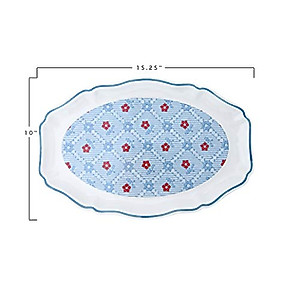 Creative Co-Op 15.25" Floral Stoneware Blue Scalloped Rim Platter