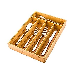 13 x 10 x 1.9 Inch Silverware Tray, 1 Durable Cutlery Tray - 5 Compartments, Shatterproof, Natural Bamboo Utensil Tray, Chip-Resistant, For Knives, Forks, And Spoons - Restaurantware