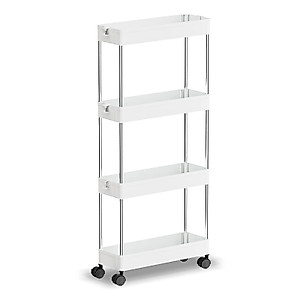 OTK Slim Storage Cart 4 Tier Mobile Shelving Unit Organizer, Utility Rolling Shelf Cart with Wheels for Bathroom Kitchen Bedroom Office Laundry Narrow Places，White