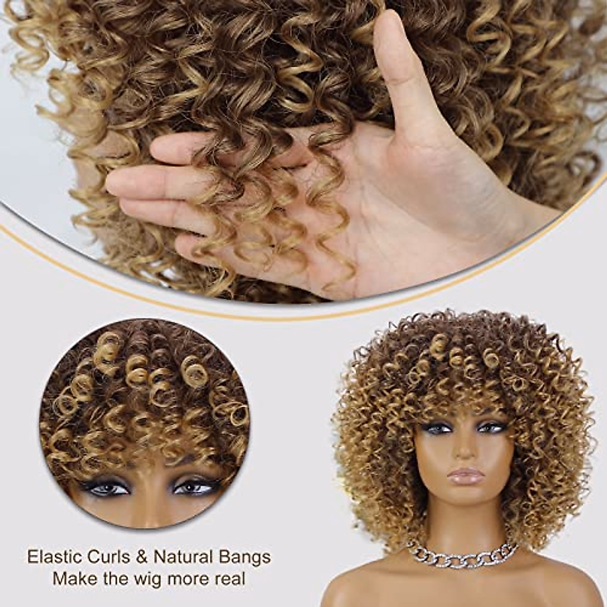 AISI QUEENS Afro Wigs For Black Women Short Kinky Curly Brown Mixed Blonde Synthetic Wig with Bangs Heat Resistant Wigs With Wig Cap