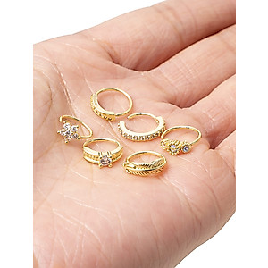 Akeoqi 12Pcs Nose Ring Hoop Cartilage Earring Cute Leaf Star CZ Butterfly Paved Nose Piercing Jewelry 20G for Women men Gold Tone
