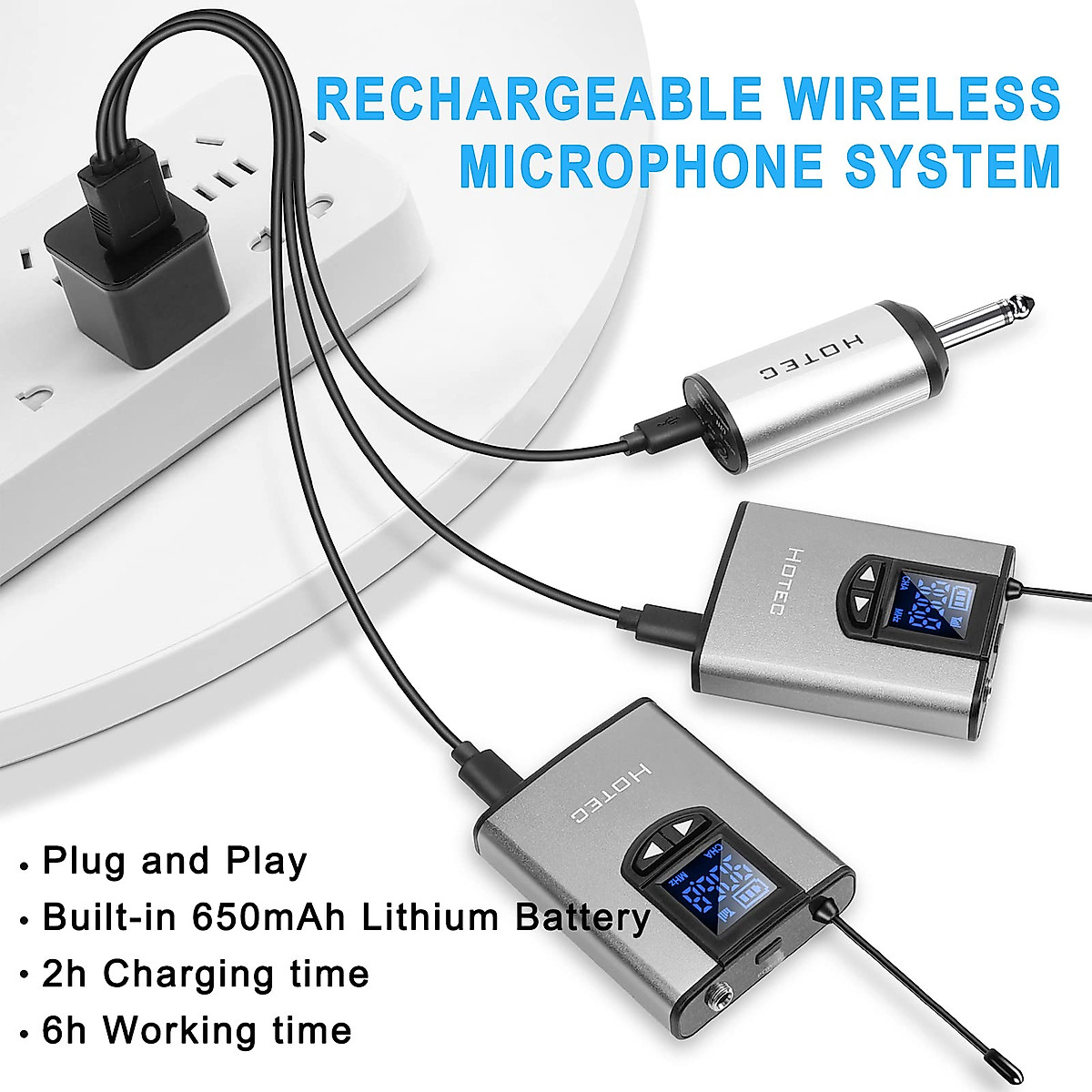 Hotec Wireless System with Dual Headset Microphones/Lavalier Lapel Mics and Bodypack Transmitters and One Mini Rechargeable Receiver 1/4" Output, for Live Performances