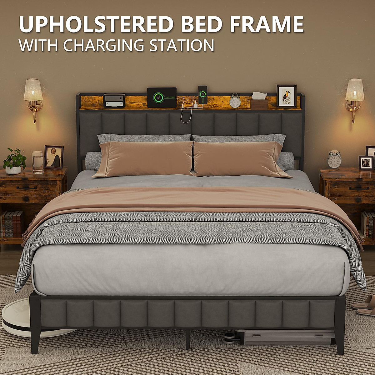 Queen Bed Frame, Storage Headboard with USB Ports & Charging Station, No Box Spring Needed, Noise-Free, Heavy Duty Metal Frame Support, Easy Assembly