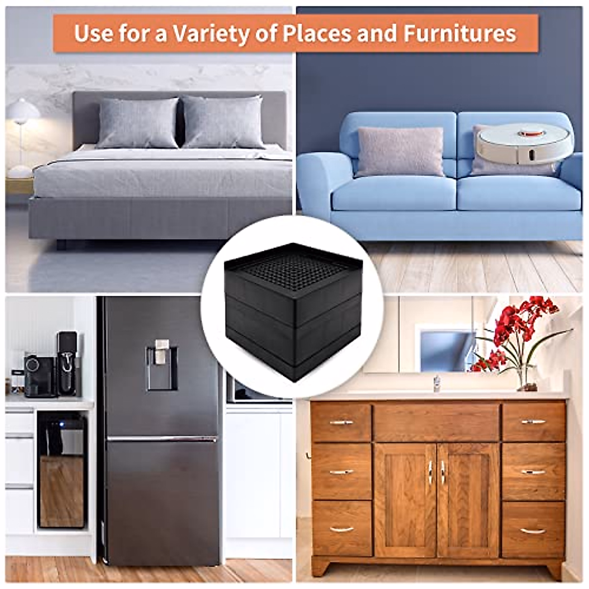 JONHWI Bed Risers, Furniture Raise Blocks, 3 inch Stilts Heavy Duty for Bed Couch Desk Sofa Table Lifts, Furniture Legs Lifters Support up to 1300 Lbs (Black, 8 Pack Set)