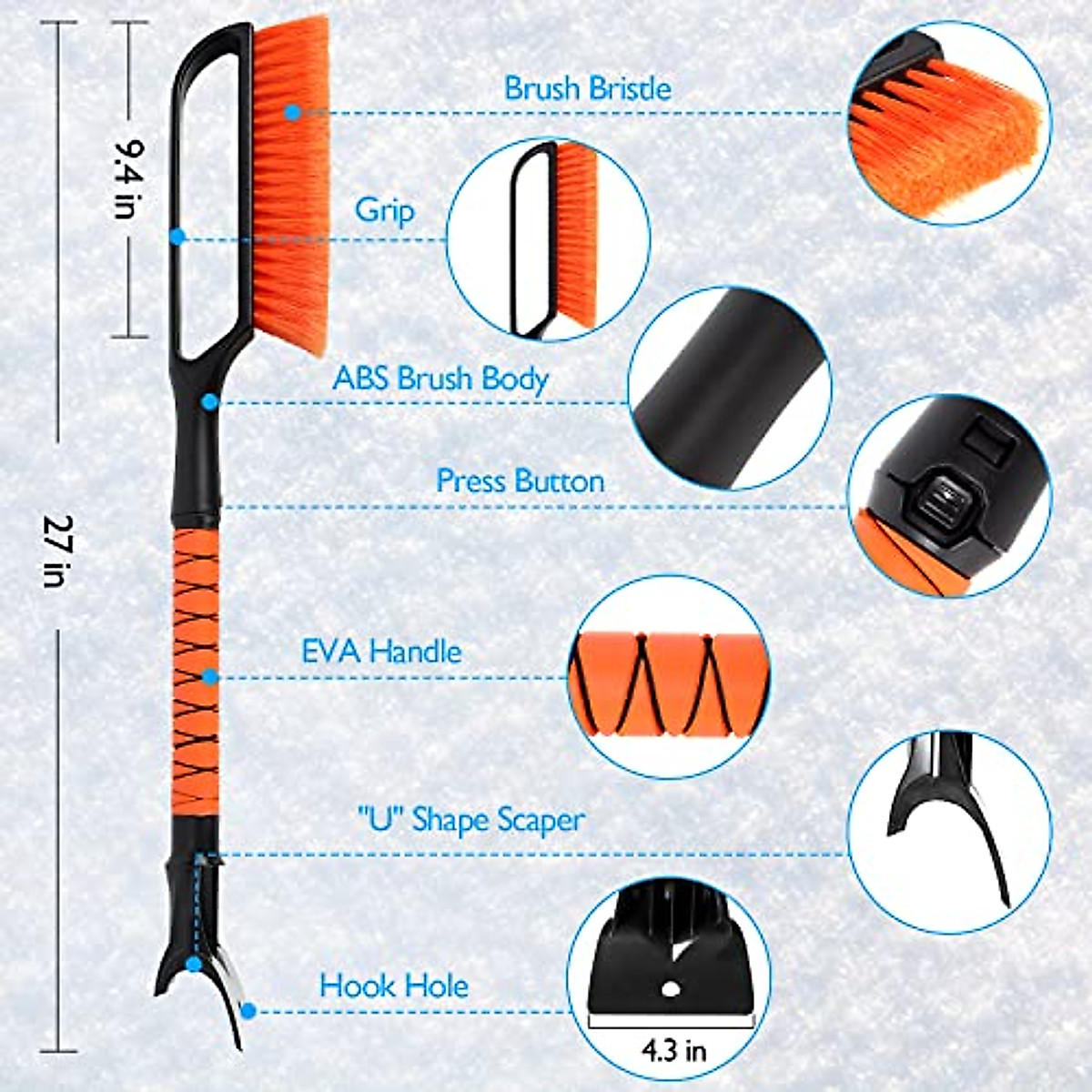 monohomi 27" Ice Scrapers for Car Windshield and Detachable Snow Brush for Car, Snow Scraper and Brush with Larger Grip and Ergonomic Foam Handle, Winter Car Accessories for SUVs, Car, Trucks, Roof