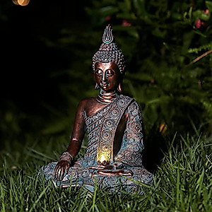 CHRUI Solar Outdoor Buddha Statue, 13 Inch Antique Thai Shakyamuni Sitting Statue Resin- Home & Outdoor Decor for Garden, Patio, Deck, Porch - Yard Art Decoration