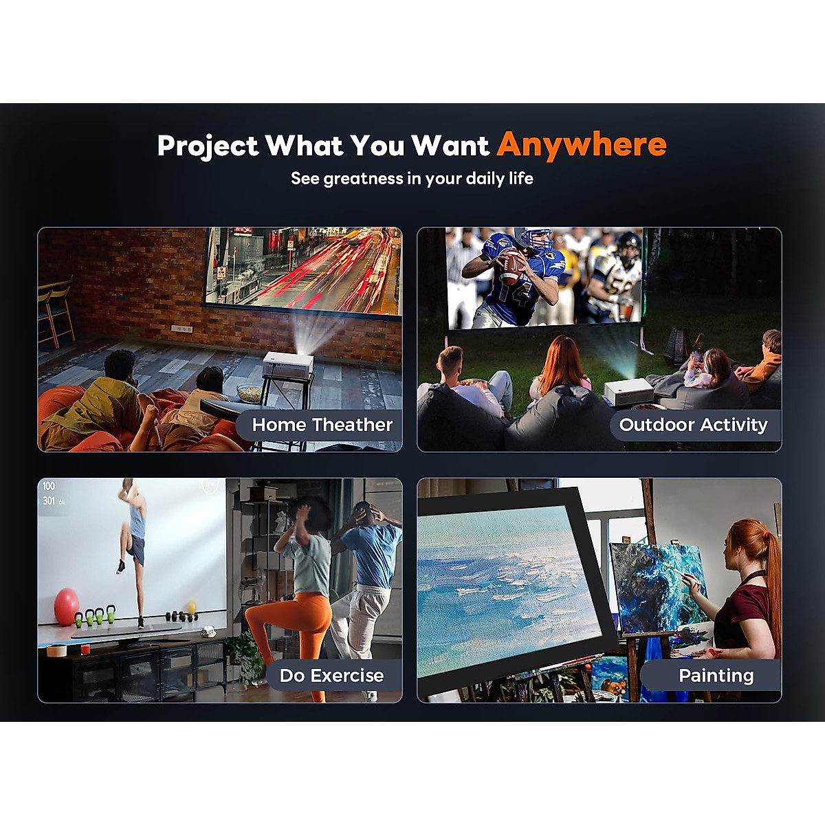 Projector with WiFi and Bluetooth, Projector 4K[Auto Focus/6D Keystone]Native1080P Projectors with 300'' Screen 600 ANSI 4K Supported 50%Zoom, Agreago Outdoor Projector for iOS/Android/TV Stick