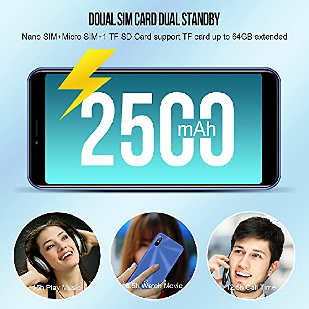 KXD 6C Cell Phone 4G Android Phones Unlocked 5.5" Full-Screen Phone 8MP Camera Smartphones Face ID 2500mAh Battery 16GB ROM with 64GB Expandable Memory Mobile Phones US Version (Blue)