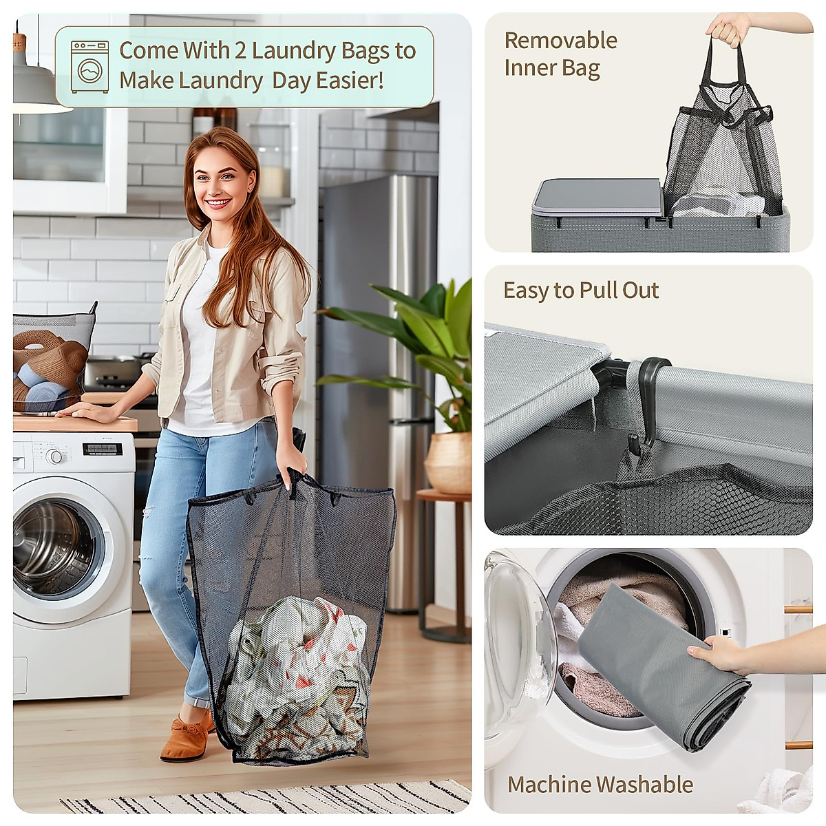 Yecaye 150L Laundry Hamper with Wheels, Rolling Laundry Basket with Lid and 2 Removable Laundry Bag, Large Capacity Clothes Hampers for Laundry, Bedroom, Bathroom, Dorm, Laundry Room, Grey