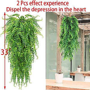 CLONG 2 pcs Artificial Hanging Ferns Plants Vine Fake Ivy Boston Outdoor UV Resistant Plastic Plants (Green)