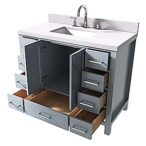 ARIEL Bathroom Vanity 43" Inch in Grey with Pure White Quartz Countertop, Rectangular Sink, 2 Soft Closing Doors and 9 Full Extension Dovetail Drawers, No Mirror