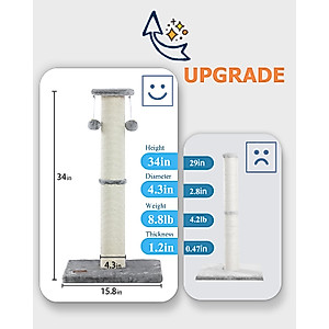 Kilodor 34Inch Tall Cat Scratching Post,4.3Inch Diameter Large Sisal Cat Scratch Post with Ball, Sturdy and Durable Cat Scratcher for Indoor Cats Adults Grey