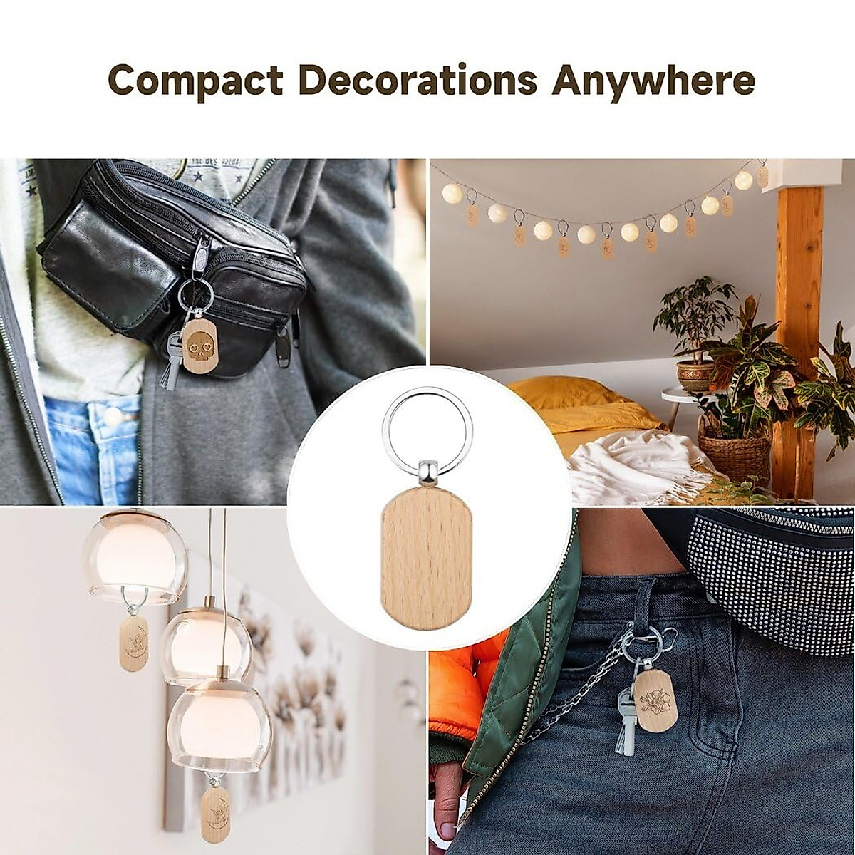 70 PCS Wooden Keychains, Engraving Blanks Wooden Blank Keychains, Wood Key Chain Bulk, Wooden Key Ring Key Tag for DIY Gift Crafts