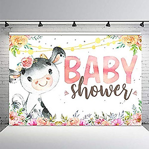 MEHOFOTO Pink Cow Baby Shower Party Photo Studio Booth Background Props Farm Animal Floral Girl Baby Shower Party Decoration Banner Backdrops for Photography 7x5ft