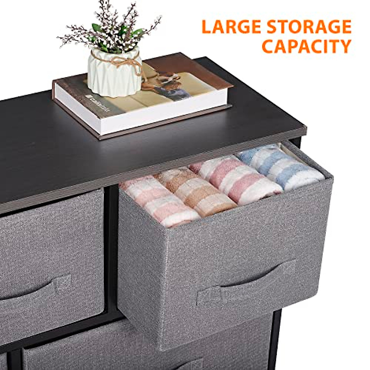 ZENY Extra Wide Dresser Storage Tower - Storage Tower Unit for Bedroom, Hallway, Closet, Office Organization - Steel Frame, Wood Top, Easy Pull Fabric Bins - 5 Drawers, Grey Top