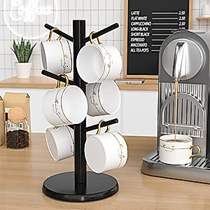 Wisuce Coffee Mug Holder, Black Bamboo Mug Tree with Thicker Base Coffee Cup Stand Mug Holders for Counter Coffee Mug Rack Organizer with 6 Hooks