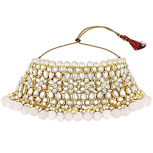 Aheli Elegant Indian Traditional Wedding Wear Kundan Pearl Encrusted Choker Necklace Set with Jhumki Earrings Ethnic Bollywood Party for Women (White)