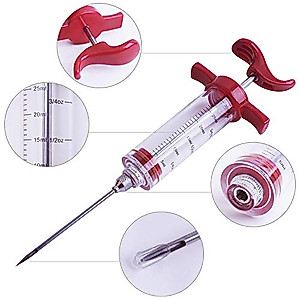 Meat Injector, TGE-V 1-oz Plastic BBQ Marinade Injector Kit, Turkey Injector Syringe (1 Stainless Steel Meat Needle +2 Replacement O Rings + 1 Cleaning Brush) for Turkey Smoked BBQ Grill