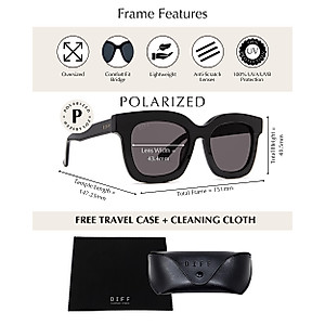 DIFF Carson Designer Square Oversized Sunglasses Women UV400 Polarized Protection, Black Extra large trendy 2023 frames