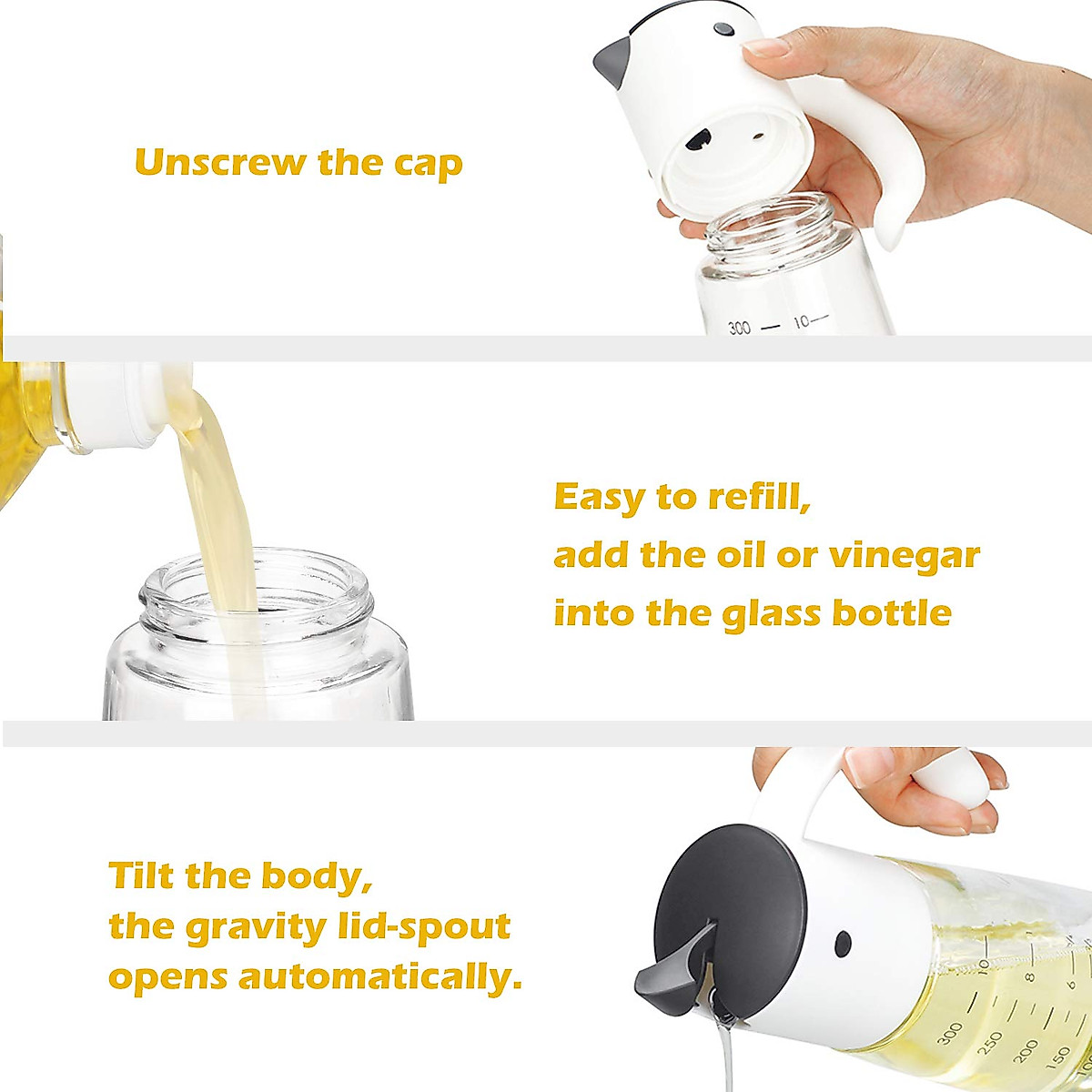 Vucchini Olive Oil Dispenser Bottle for Kitchen Cooking - Auto Flip Vinegar Dispenser Container- Leakproof Glass Cruet with Non-Drip Spout Dispenser (white and yellow)