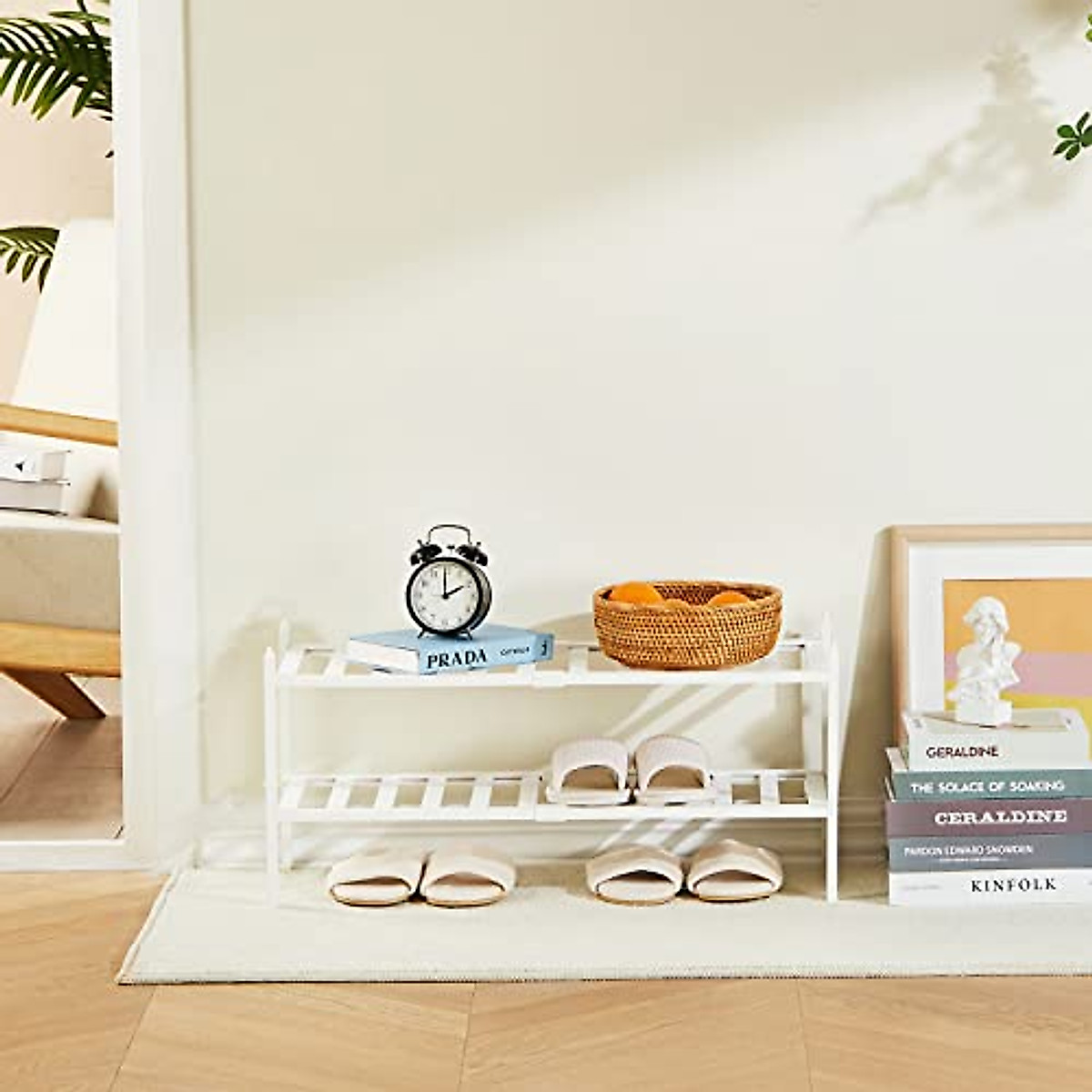 quiqear Bamboo Shoe Rack, 2 Tier Shoe Rack Organizer, Stackable & Durable Shoe Shelf Holder, Free Standing Shoe Racks, Shoe Storage Organizer for Entryway, Closet, Hallway (White)