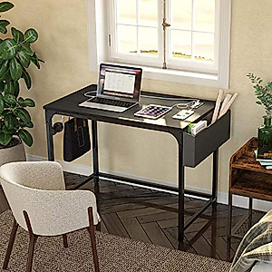 Rolanstar Computer Desk with Power Outlet, Home Office PC Desk with USB Ports Charging Station, 39" Desktop Table with Side Storage Bag and Iron Hooks, Stable Metal Frame Workstation, Black
