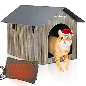 Heated Cat House, PETNF Waterproof Cat House for Indoor Outdoor Cats in Winter, 2 Doors Heated Cat Bed for Outside Feral Cats with Heated Pad, Weatherproof Insulated Kitty House Outdoor Shelter