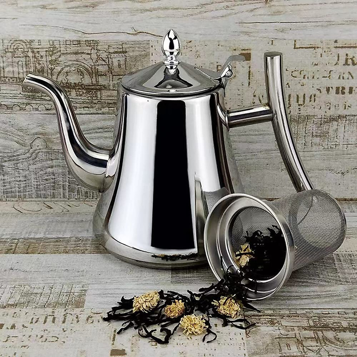 50oz/ 1500ml Stainless Steel Teapot, JYJFGSFA Metal Tea Kettle with Removable Infuser, Oil Can with Filter Coffee Server Table Serving Pot for Home, Restaurant, Outdoor, Dishwasher Safe(Silver)