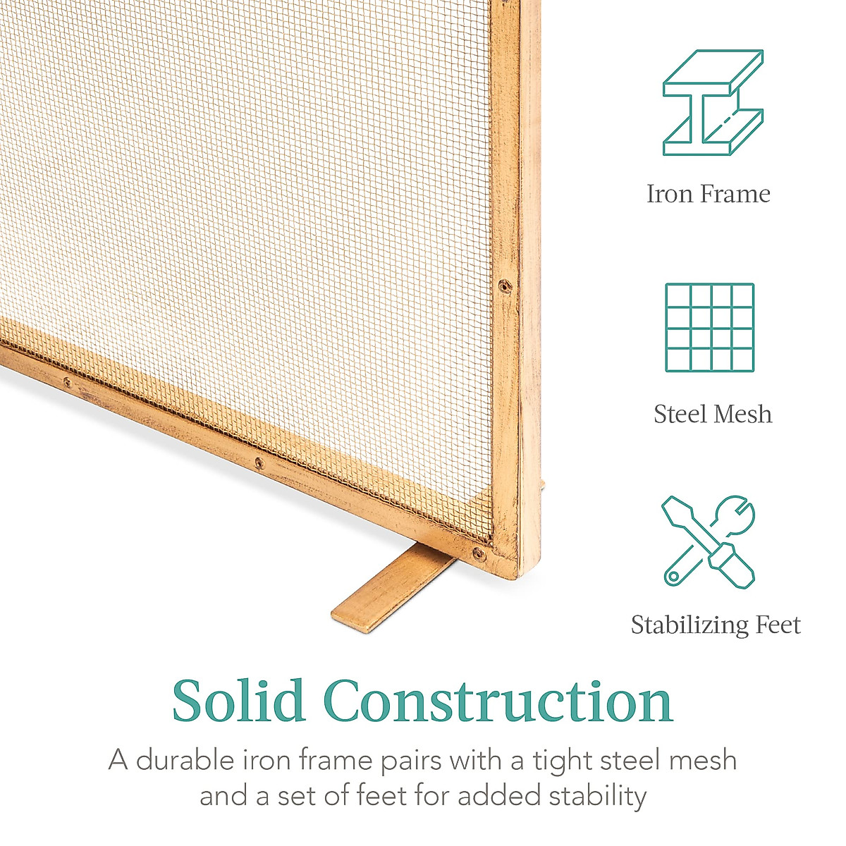 Best Choice Products 38x27in Single Panel Fireplace Screen Handcrafted Steel Mesh Spark Guard for Living Room, Bedroom Décor w/Handles - Antique Gold