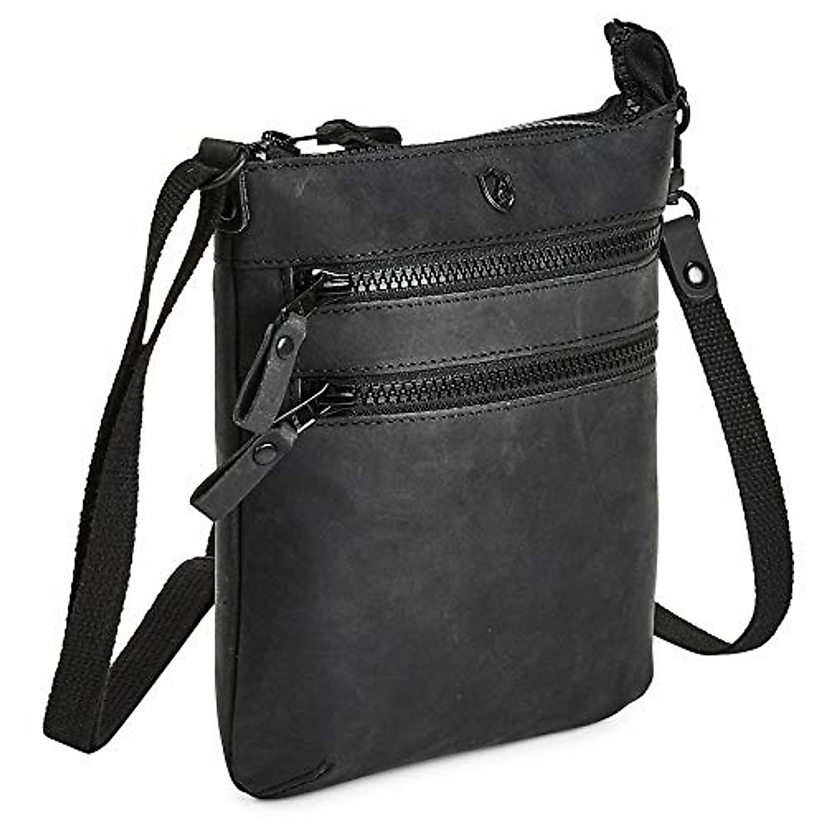 Cochoa Small Triple Zip Real Leather Women's Crossbody- Premium Vintage Crossover Shoulder Sling Bag (8" x 7" x 1.5", Black Crazy Horse)
