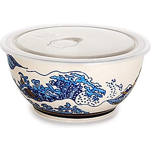 Happy Sales HSMBP-08BWV, 24 oz Microwavable Ceramic Bowl With Lid 6" D Food Prep Bowls Food Storage Bowls Meal Planning Bowls, Blue Wave