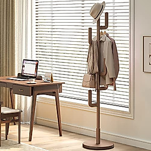 KASLANDI Coat Rack,Unique Design Cactus Coat Rack Freestanding，FAS Grade Rubber Wood,Adjustable Height Wooden Coat Rack Stand with 6 Hooks, Coat Tree Easy to Assemble (Walnut)
