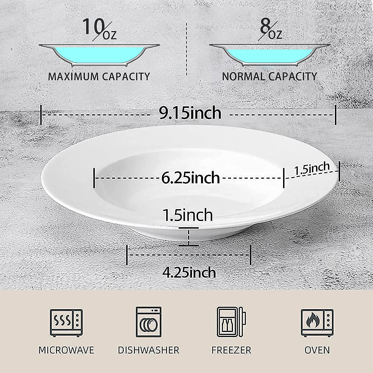 Artena Ceramic Cereal Bowls 22 oz, Embossment Soup Bowls Set of 6 & 10 Ounce Pasta Bowls Set of 4, Elegant White Soup Bowls, Wide Rim Salad Bowl, Premium Porcelain Pasta Plate Bowl, Shallow Soup Plate