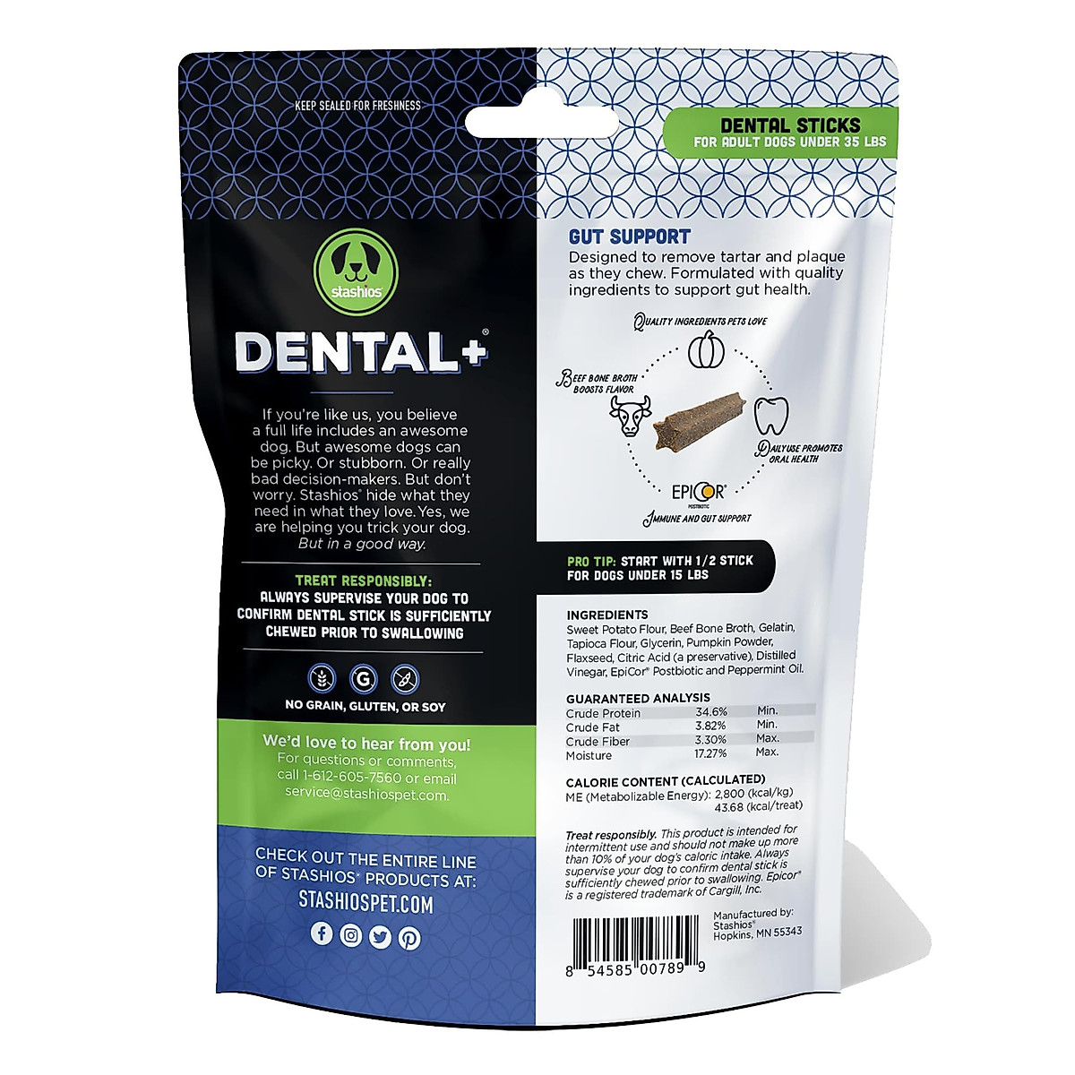 Stashios Dental+ Sticks for Dogs Under 35 lbs- Gut Support, with Beef Bone Broth, All Natural, EpiCor postbiotic, Made in The USA, Dental+ Bag, S/M - 7 oz.