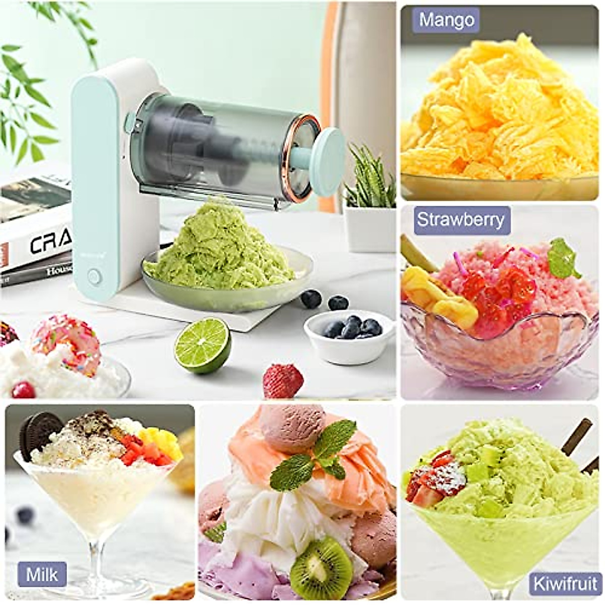 Shaved Ice Maker Snow Cone Rechargeable Slushie Machine Ice Cream Maker for Family Portable USB Charger 2 Set Block Ice Molds(Green)