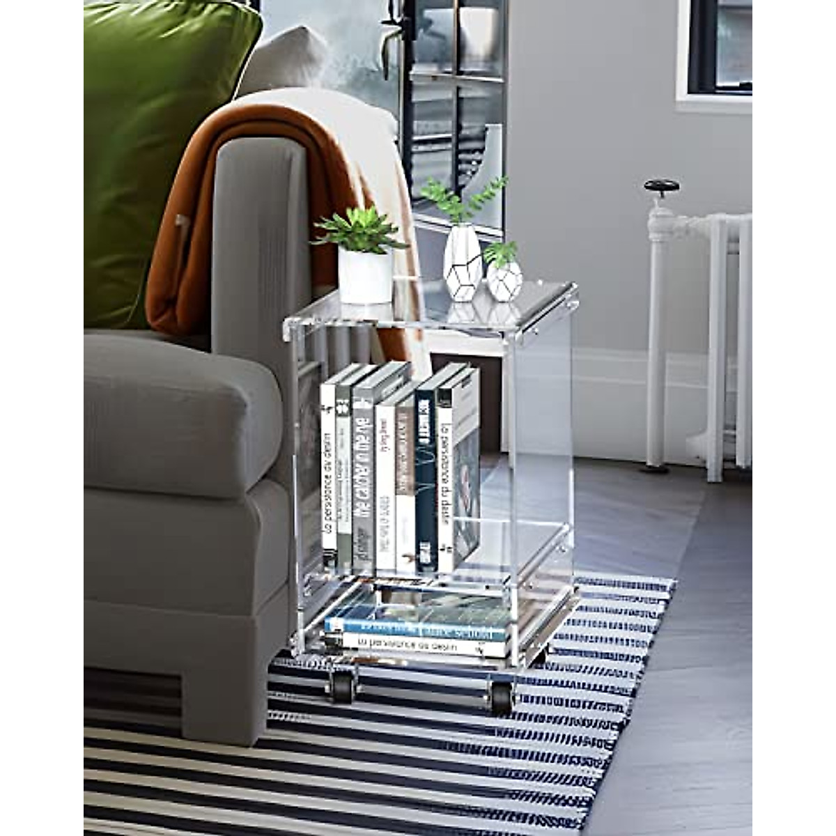 KSacry Acrylic Rolling Cart for Small Space,Mobile End Table with Two Tier Rolling Cart,Acrylic Nightstand/Bedside Table for Living Room, Bedroom (12.6" L × 11.8" W × 19" H)