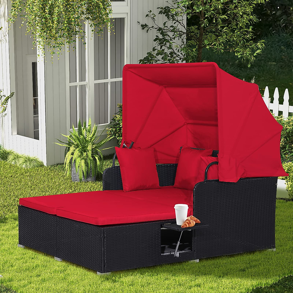 LDAILY Moccha Outdoor Daybed with Retractable Canopy, Wicker Cabana with 2 Side Tables & Soft Cushions,Hand-Woven PE Rattan Bed Lounger, Patio Sectional Furniture Set for Garden Backyard Porch (Red)