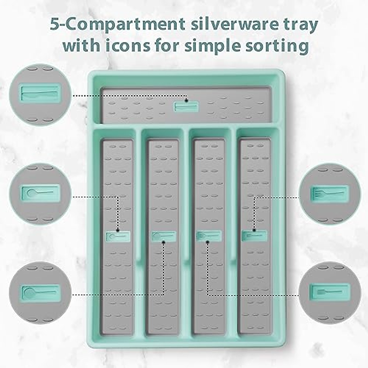 Joequality Silverware Organizer with Icons，Plastic Cutlery silverware Tray for Drawer，Utensil Flatware Tableware Organizer for Kitchen with Non-slip TPR,Fits Standard Drawer,5-Compartment,Light Blue