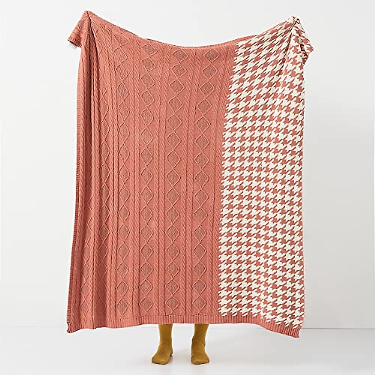 GunziStreet Luxurious Pure Cotton Knitting Throw Blanket Houndstooth Thousand-Bird Pattern Splicing Nordic Style Soft Warm Home Decor for Bed Couch Bedroom (Red Ruby, 51x63)