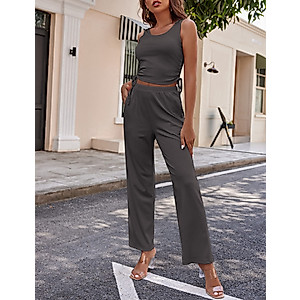 Ekouaer Women's 3 Piece Knit Lounge Set Pajama Long Sleeve Cardigan Sleeveless Top Pants SweatsuitCharcoal GreyLarge