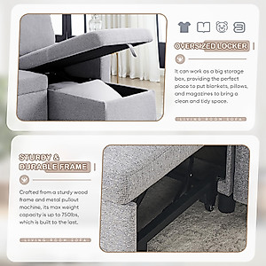 Antetek Reversible Sectional Sofa Couch with Pull-Out Bed, Modern Linen L-Shaped Sleeper Sofa Bed with Storage Chaise/Cup Holder/Side Pocket, Furniture Set for Living Room, Small Space, Light Grey