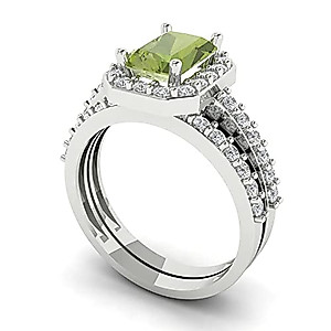 Clara Pucci 2.20ct Emerald Cut Halo Solitaire Natural Peridot Engagement Promise Anniversary Bridal Ring Band set 18K White Gold 9