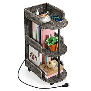 End Table with Charging Station, Narrow Small Side Table for Small Spaces with 2 USB Ports Type C Port and Outlets, Wood Nightstand Grey Bedside Table with Wheels for Bedroom, Living Room, Grey