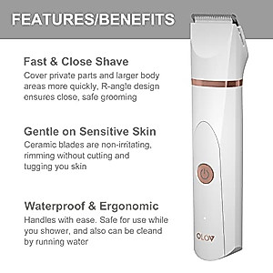 OLOV Bikini Trimmer Women - Wet/Dry Body Shaver Groomer, Replaceable Ceramic Blade Heads, USB Recharge Dock & Nosetrimmer Head Heads, Waterproof Hygiene Razor, White
