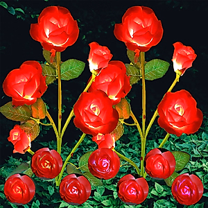 ANGMLN 2 Pack Solar Garden Lights, Solar Flower Lights Outdoor Waterproof with 10 Head Red Rose 7-Color Changing Landscape Lights for Pathway Garden Patio Yard Valentine's Day Christmas Decoration
