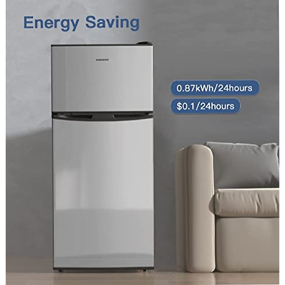 BANGSON Small Fridge with Freezer, 4.0 Cu.Ft, Samll Refrigerator with Freezer, 5 Settings Temperature Adjustable, 2 Doors, Compact Fridge for Apartment Bedroom Dorm and Office, Silver