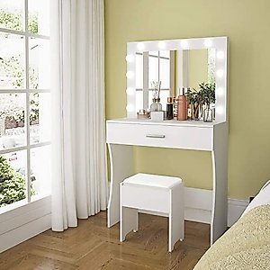 Titoni Vanity Table Set with Lighted Mirror - Makeup Vanity with Lights, Adjustable Brightness, Large Drawer Sturdy Wood Vanity, White 80x40x140cm