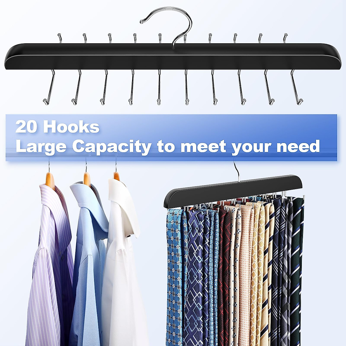 RESOVO Upgraded Tie Rack Hanger with 20 Foldable Metal Hooks, Space Saving Necktie Organizer for Men – Large Capacity Tie and Belt Wooden Hanger for Closet - Black