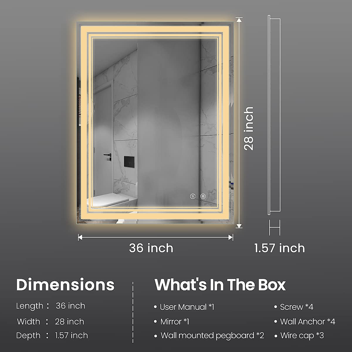 IOWVOE LED Bathroom Mirror 36 x 28 Inch with Front Light, Wall Mounted Lighted Vanity Mirror with Anti-Fog, Warm Lights, Memory Function (Horizontal/Vertical)